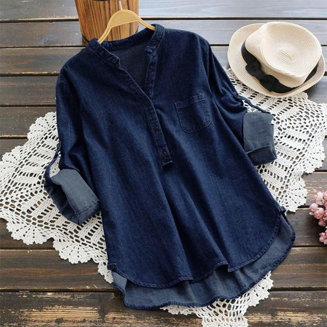 Casual V Neck Denim Blouse – Buddhatrends